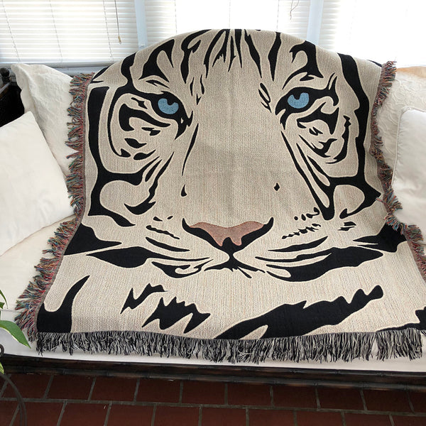 White Tiger Woven Blanket Throw - Custom Woven Blankets